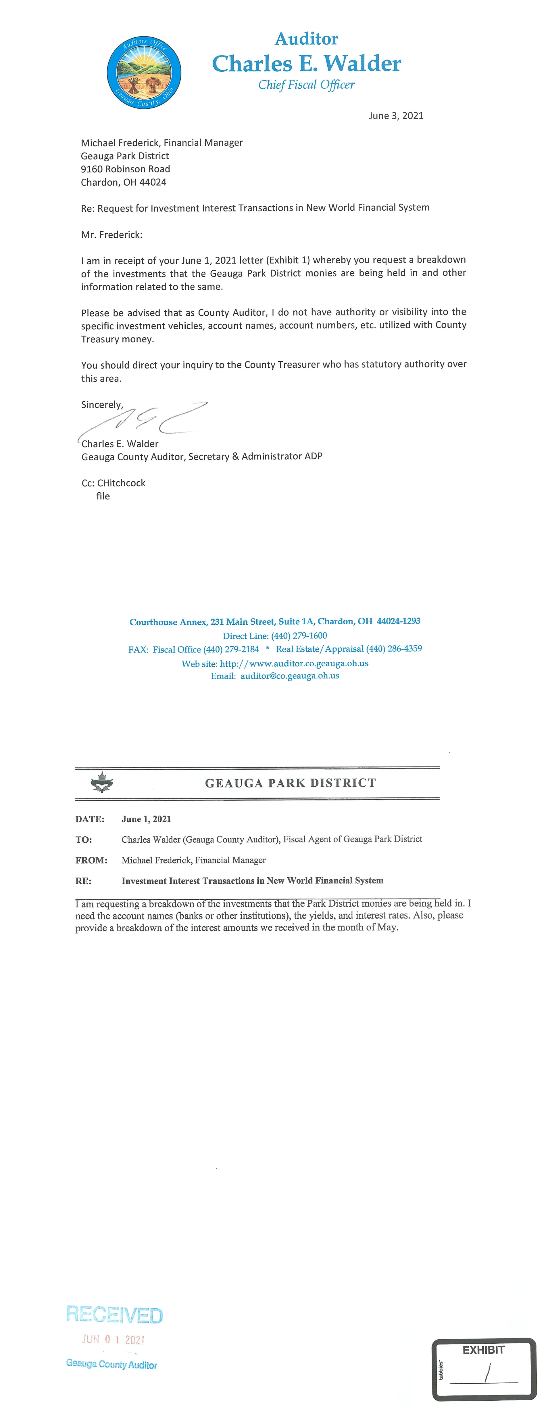 Auditor Charles E. Walder letter to Michael Frederick, Geauga Park ...