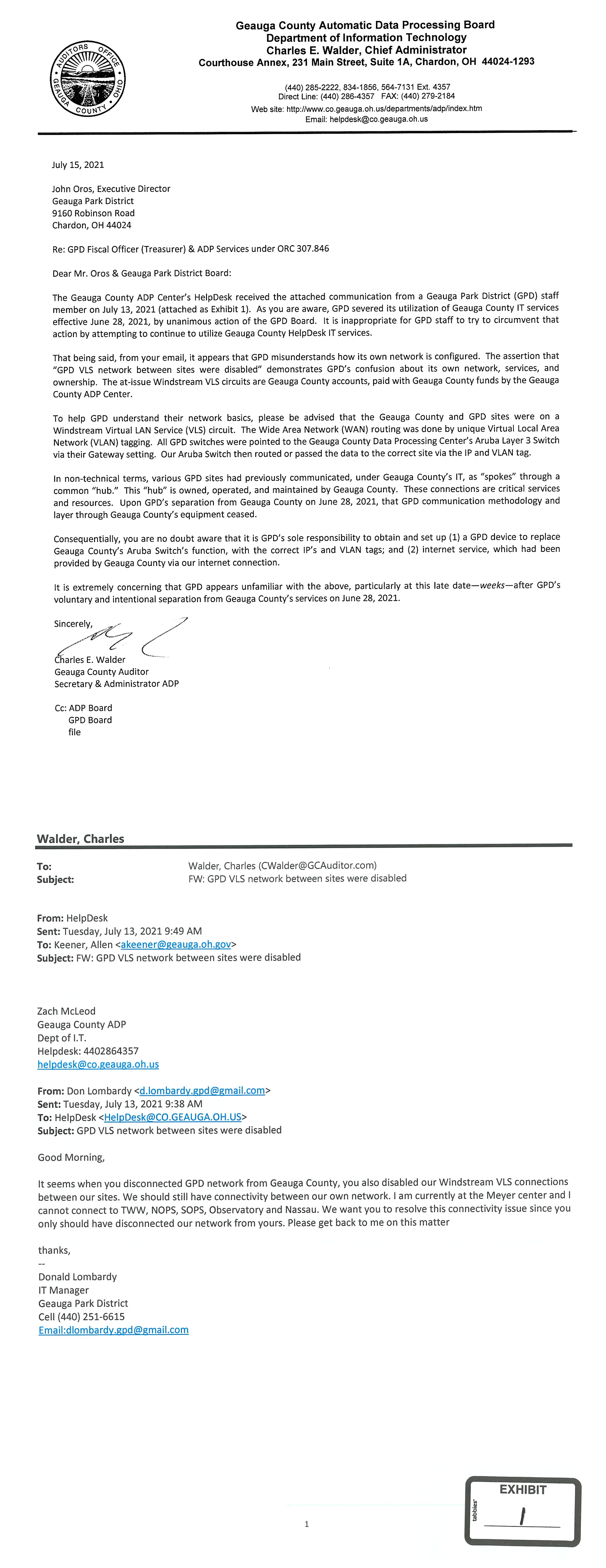 Auditor Charles E. Walder letter to John Oros, Executive Director and ...