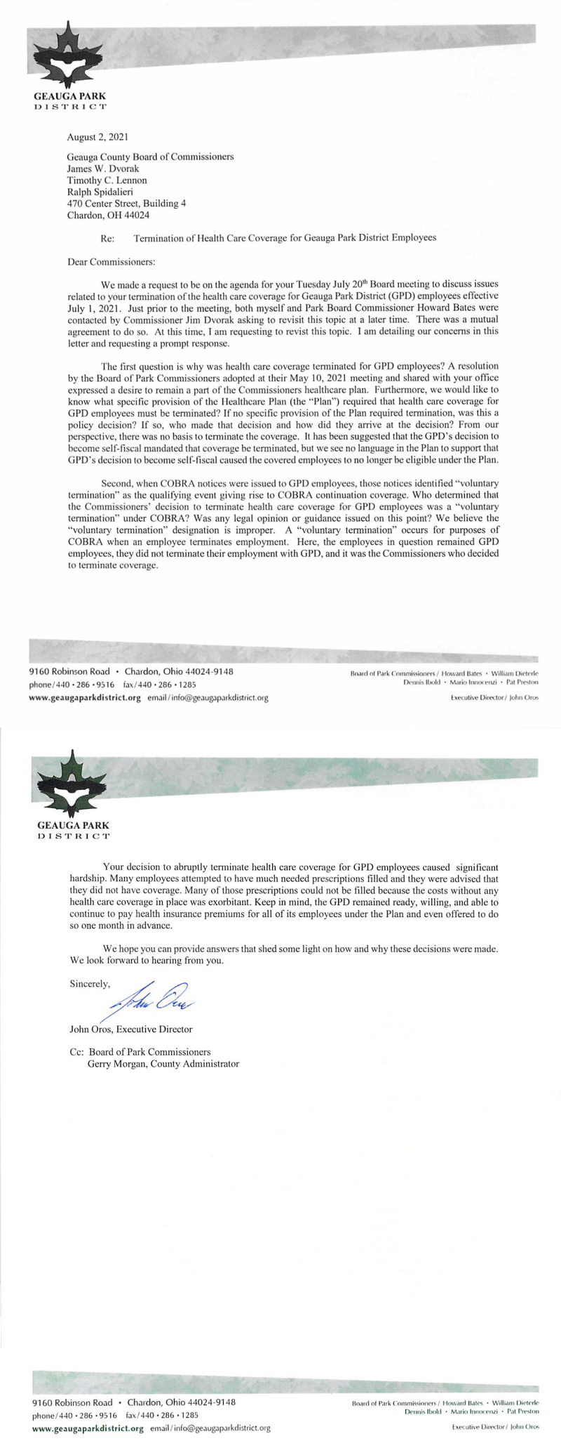 John Oros, Executive Director letter to Geauga County Commissioners ...